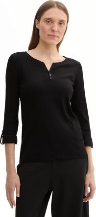 Tom Tailor Damen Henley Longsleeve mit Streifen aus Bio-Baumwolle, 14482 - Deep Black, XXL