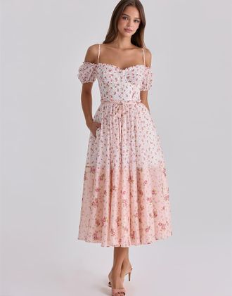 House of CB Penelope - Robe mi-longue en georgette &agrave; ruban - Blanc &agrave; imprim&eacute; roses-multicolore