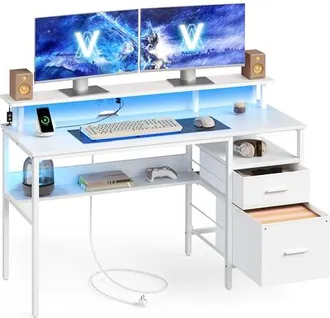 Vasagle Bureau Gaming, avec Tiroirs en Tissu, Table Informatique avec Support d&Eacute;cran, Lumi&egrave;res LED, 55 x 135 x 90 cm, Multiprise, 2 Ports USB, pour Bureau &agrave; D