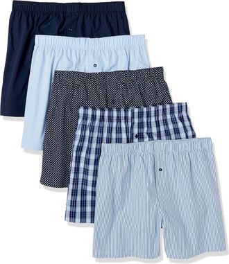 Amazon Essentials Herren Boxershorts Unterw&auml;sche aus gewebter Baumwolle (erh&auml;ltlich in &Uuml;bergr&ouml;&szlig;en), 5er-Pack, Blau Streifen/Dunkelblau Karomuster/Himmelblau/Marineblau/