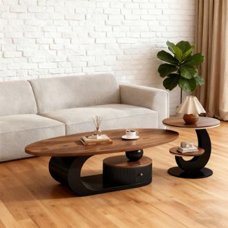 Generic Ovaler Couchtisch mit Stauraum freistehender Wohnzimmertisch mit gro&szlig;em Ablagefach Sofatisch im Mid-Century-Modern-Stil aus Holz einfache Montage for 