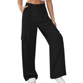 Generic Pantalon cargo taille haute pour femme avec 4 poches, Noir, XXL