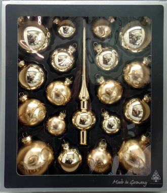 Thüringer Glasdesign Kugel Set aus Glas inkl. Aufhänger und Spitze, Glanz und matt, Christbaumkugeln, Christbaumschmuck, Dekoration, Honig/Gold