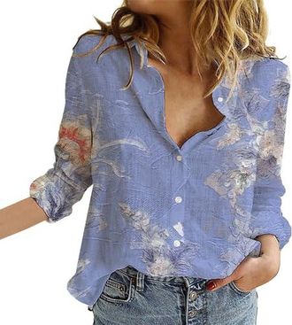 Generic VêTements Femme Soldes HUIFUAO Chemise pour Femme en Coton et Lin imprimé Floral élégant avec Boutons et col en V à Manches Longues pour Femme T-Shirt