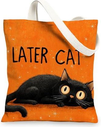 Generic Sac fourre-tout en toile motif chat fantaisie, sacs à provisions réutilisables, amusants, ludiques, légers et lavables avec bandoulière en toile Ba, O