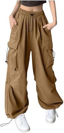 Generic Pantalon cargo pour femme - Taille haute - Jambe large - Baggy d&eacute;contract&eacute; - Pantalon de parachute Y2K Streetwear avec plusieurs poches, marron, XL