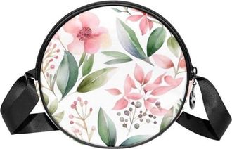 Generic Petit sac &agrave; bandouli&egrave;re circulaire pour femme, motif feuilles florales, sac &agrave; dos avec fermeture &eacute;clair, bretelles r&eacute;glables, sac &agrave; main rond d&eacute;contra