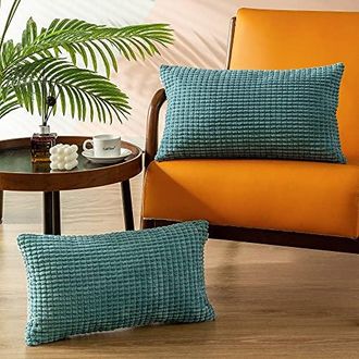 CaliTime Kissenbezüge Kissenhülle 2er-Pack Comfy Bolster Pillow Covers Cases for Couch Sofa Bed Comfort Supersoft Cord Corn Striped Both Sides 30cm x 50cm Teal