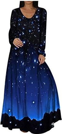 Generic Robes boh&egrave;me 2026 pour femmes, col en V, robe boh&egrave;me imprim&eacute;e, manches longues, grande taille, bleu, S