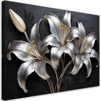 Feeby Bilder - Foto Geschenk - Lilien Silber bemalte Blumen - 120x80 1tlg - Leinwandbilder Wohnzimmer - Wandbild &uuml;ber dem Bett - Bild Schlafzimmer - Aesthet