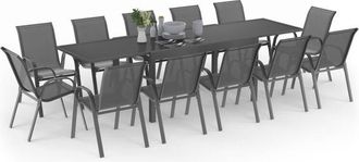 IDMarket Salon de jardin madrid table extensible plateau gris 135-270 cm et 12 chaises empilables gris anthracite