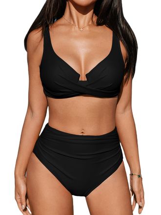 Cupshe Damen Bikini Set Wickeloptik Crossover Bügel Push Up High Waist Bikini Bademode Zweiteiliger Badeanzug Swimsuit Schwarz XL