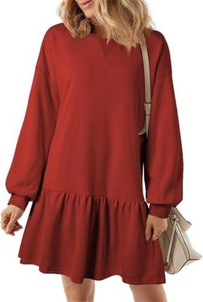 Generic Robe dautomne décontractée en patchwork à col rond pour femme, confortable et mignonne, robe sweat-shirt surdimensionnée à volants plissés, Rouge, M