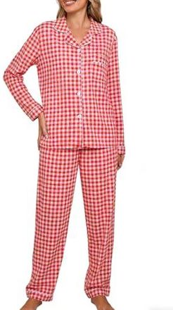 Minetom Ensembles de Pyjama Femme 2 Pi&egrave;ces Bouton V&ecirc;tements de Nuit &Agrave; Carreaux Manches Longues Col V Chemise et Pantalon Style Y04 40