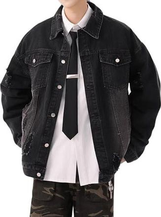 Generic Chamarras Vaqueras Para Hombre Ripped Distressed Slim Denim Jacket Washed Vintage Jean Coat Classic Trucker Jackets Black XX Large