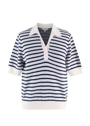 Kinross Cashmere Navy and White Striped Knitted Polo Shirt Size M