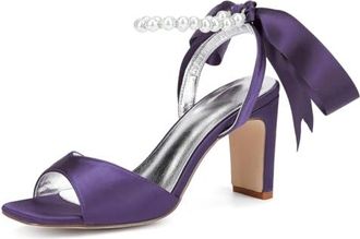 Generic Chaussures De Mariage Femmes Bloc Chunky Mariée Talon Heel Ouvert Bout Hauts Sandales Pearls Décontracté Dress Chaussures 8Cm,Dark Purple,42 EU