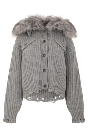 Blumarine Fur-Collar Wool-Cashmere Cardigan - Gray