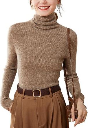 Dissa Pull Cachemire Femme Col Roulé Marron Solide Couleur Tricoté Mince Manches Longues Fin Pull en Cachemire et Laine,42,SPR2263