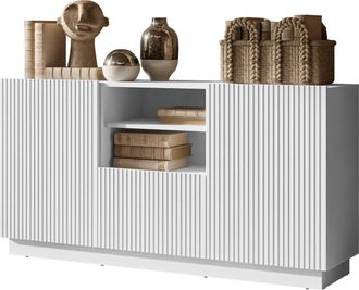Mirjan24 Kommode Liwerio 150 2D1SZ mit 2 T&uuml;ren, Schublade und 2 Ablagef&auml;cher, geriffelte Fronten, Highboard, Anrichte, Mehrzweckschrank (Wei&szlig;)