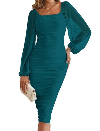 Merokeety Damen Lange Puff&auml;rmel Geraffte Bodycon Kleid Square Neck Mesh Cocktail Party Midi Kleider, Blaugr&uuml;n/EIN Hauch von Paradies (Trace of Paradise), X-Gro&szlig;