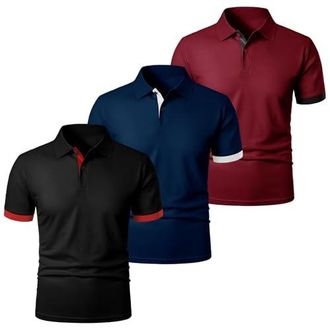 Generic Lot de 3 polos &agrave; manches courtes pour homme - &Eacute;vacuation de lhumidit&eacute; - V&ecirc;tements de travail boutonn&eacute;s - Haut de golf fin, Noir + bleu fonc&eacute; + rouge P