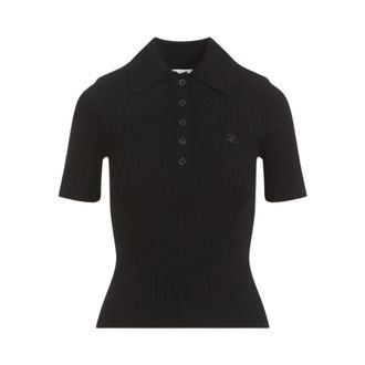 Courr&egrave;ges Geripptes Strick-Poloshirt - - Tops - Damen - Schwarzk - XS