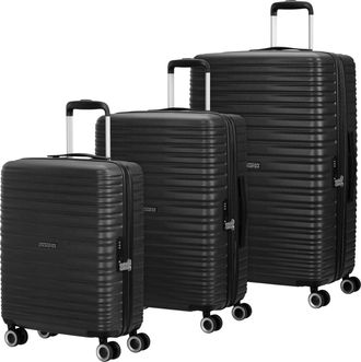 American Tourister Aerotech - 3-teiliges Hartschalen Kofferset (Handgep&auml;ck, Mittel, Gro&szlig;), Erweiterbar, Trolley-Set mit TSA-Schloss - Schwarz (Metallic Black)