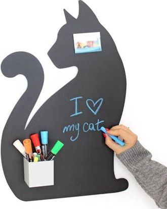 KalaMitica Tableau Magn&eacute;tique Mural en Forme de Chatte, Acier &Eacute;crivable &agrave; la Craie, Noir Anthracite, 56x38x0,12 cm