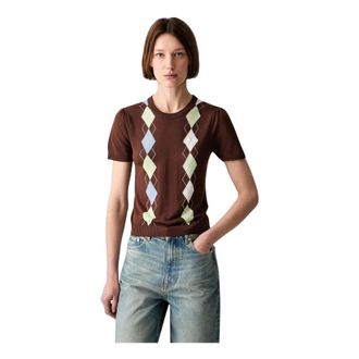 Ganni T-shirt Argyle en Coton L&eacute;ger - Femme - Pulls - Brun - Taille: 38 FR