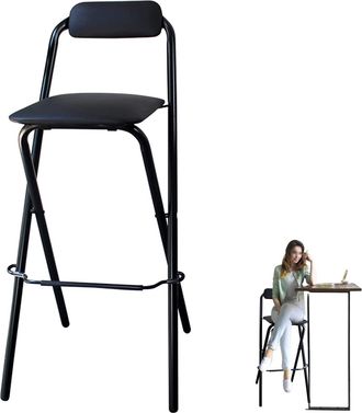 Generic Klappbarer Barhocker mit R&uuml;ckenlehne und Fu&szlig;st&uuml;tze, Schwarzer PU-gepolsterter Sitz Barhocker, 65 cm/70 cm/75 cm Tresenhocker K&uuml;chenhocker(Seat Height 