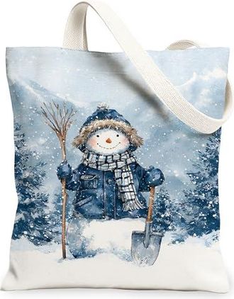 Generic Sac fourre-tout en toile motif bonhomme de neige dhiver, sac de courses r&eacute;utilisable, l&eacute;ger et lavable, pour voyage, plage, pique-nique, 33 x 38,1 cm