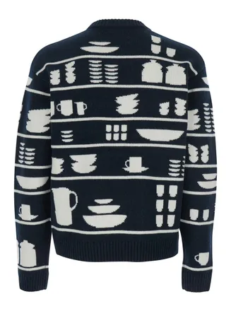J.W.Anderson Mens Black And White Crewneck Sweater With Tableware Motif White-Black Wool Tops White/black Top