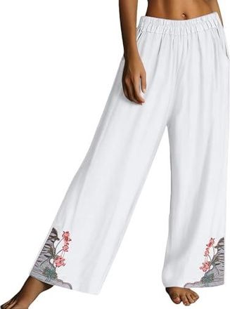 Generic Pantalon Palazzo l&eacute;ger &agrave; jambes larges pour femme - Taille &eacute;lastique - Coupe ample avec ourlet floral - Confortable - Pour l&eacute;t&eacute;, la plage, les vacance