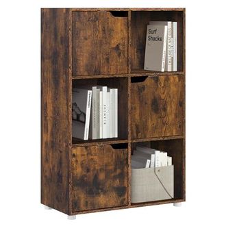 Woltu Biblioth&egrave;que &Eacute;tag&egrave;re de Rangement, Meuble Cube 59,6x29x91cm, en MDF, pour Salon, Bureau, avec 3 Portes, 6 Compartiments, Marron Rustique, SK001vbn