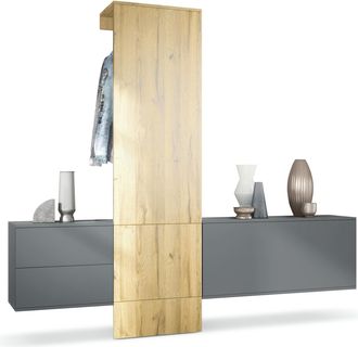 Vladon Garderobe Carlton Set 1, Made in Germany, Flur-Garderobe aus Deko-paneel, Schubladen-Kommode & Schuhschrank, Anthrazit matt/Eiche Natur (209 x 193 x 3
