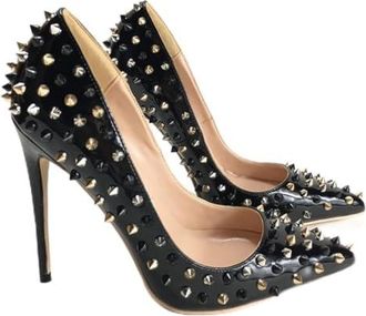 Minitoo Escarpins à talons hauts pour femme - Chaussures de soirée tendance avec rivets, Mz21 34 Noir Or Rivets 10 cm Talon, 39.5 EU