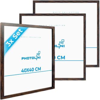 Photolini Dunkle Eiche Bilderrahmen 40x40, 3er Set Bilderrahmen quadratisch 40x40 Holz MDF mit bruchsicherem Acrylglas, Rahmen 40 x 40 zum Aufh&auml;ngen mit Zubeh&ouml;r