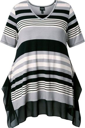 Ulla Popken T-Shirt T-Shirt Ringel Chiffonsaum V-Ausschnitt Halbarm