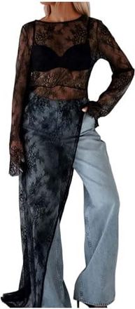 Generic 2026 Robes Minceur Mode Taille Haute Jambe Large Jeans D&eacute;contract&eacute; Dentelle Cordon Patchwork Slim Flared Denim Pants, Noir, M