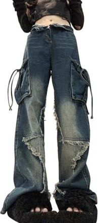 Minetom Jeans Femme Pantalon Cargo Straight Trousers Casual Multi-Poches Boyfriend Baggy Sport Denim Pantalon avec Poches Streetwear A15 Bleu S