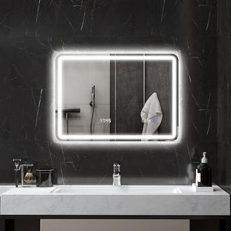 HOMCOM Miroir Salle de Bain Bluetooth avec &eacute;clairage LED 50 x 70 cm, Miroir Lumineux Mural, Horloge, antibu&eacute;e, 3 Couleurs lumi&egrave;re, dimmable, m&eacute;moire, Interru