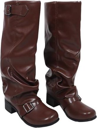 Frcolor Bottes Hautes pour Femme Style Cowgirl Vintage en PU Marron Clair Bottes Western -Mollet &agrave; Semelle &Eacute;paisse Antid&eacute;rapante Taille 40 pour Sorties Quotid