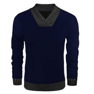 Generic Robe &agrave; col ch&acirc;le et col en V pour homme - Manches longues - Tricot torsad&eacute; textur&eacute;, bleu, 3XL
