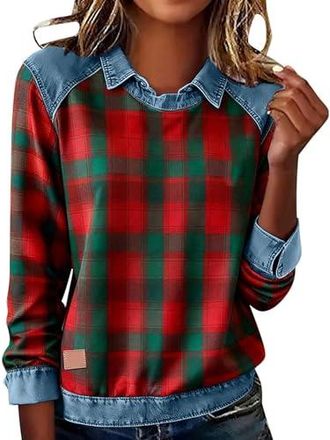 Generic Chemisier &agrave; manches longues pour femme - &Eacute;l&eacute;gant chemisier de loisirs - Chemisier en jean d&eacute;contract&eacute; - T-shirt &agrave; manches longues avec boutonni&egrave;re - C