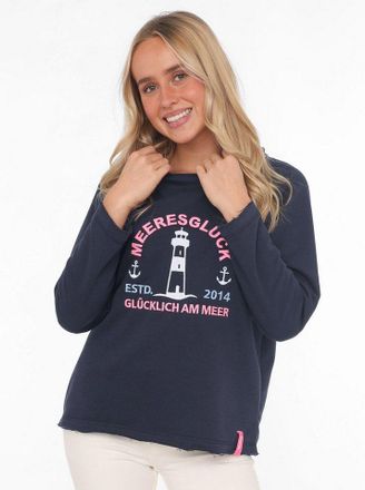 Zwillingsherz Sweatshirt Gl&uuml;cklich am Meer mit Used-Look Kanten, Leuchtturm gestickt