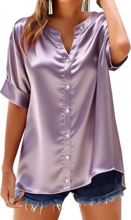 Generic Chemisiers habill&eacute;s et &eacute;l&eacute;gants en satin pour femme - Haut &agrave; manches courtes et col en V - Chemisier &agrave; boutons - &Eacute;paules tombantes - Respirant et l&eacute;ge