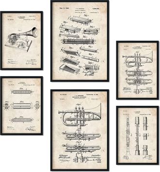 Nacnic Set von 6 Plakaten mit Blasinstrument Patenten. Plakate mit Retro-Patentabbildungen. Inneneinrichtung im Vintage-Stil. Grösse A4 und A3. Ohne Rahmen