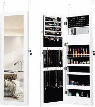 Costway Costway - Armoire &agrave; Bijoux Murale avec Miroir 12 led, Meuble de Rangement Verrouillable Pleine Longueur, Organisateur de Bijoux avec &Eacute;tag&egrave;res de