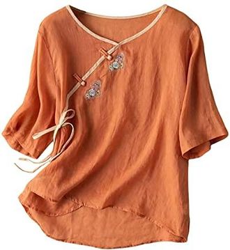 Generic Vimoli Chemisier Femme Vintage Style Ethnique Broderie Imprim&eacute; Floral Haut &agrave; Manches Courtes D&Eacute;t&eacute; D&eacute;contract&eacute;e Col en V Boutons Tunique Top T-Shirt Ch